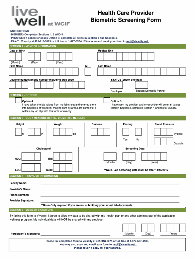 Printable Biometric Screening Form - Free Printable Forms