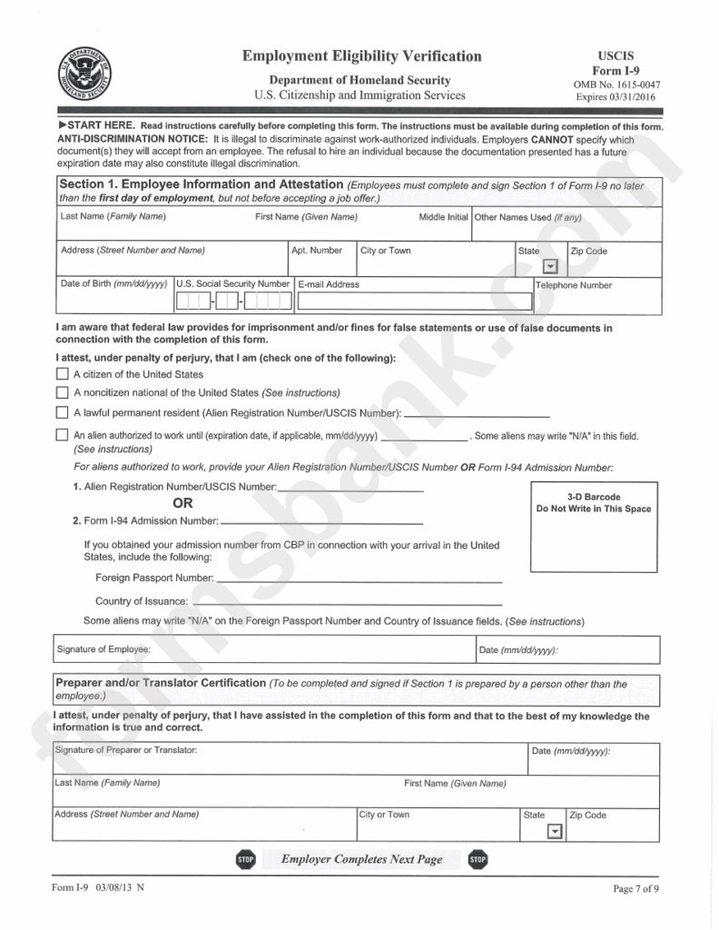 Form I-9 Employment Eligibility Verification Printable - Free Printable Forms