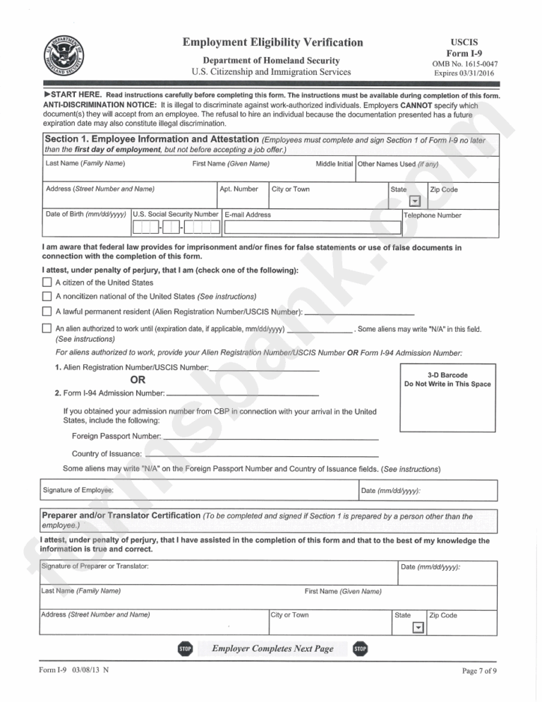 Printable Form I 9 Employment Eligibility Verification - Free Printable ...