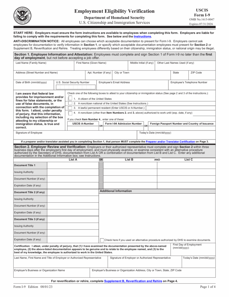 Printable I-9 Form - Free Printable Forms