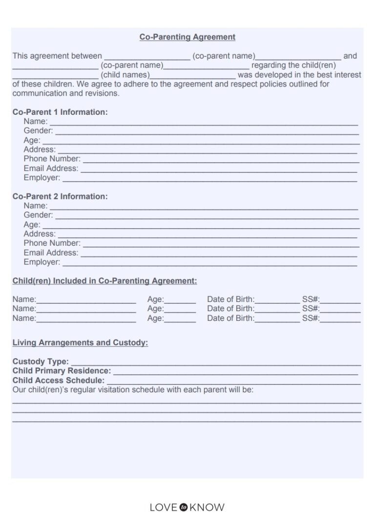 Printable Co Parenting Agreement Template - Free Printable Forms