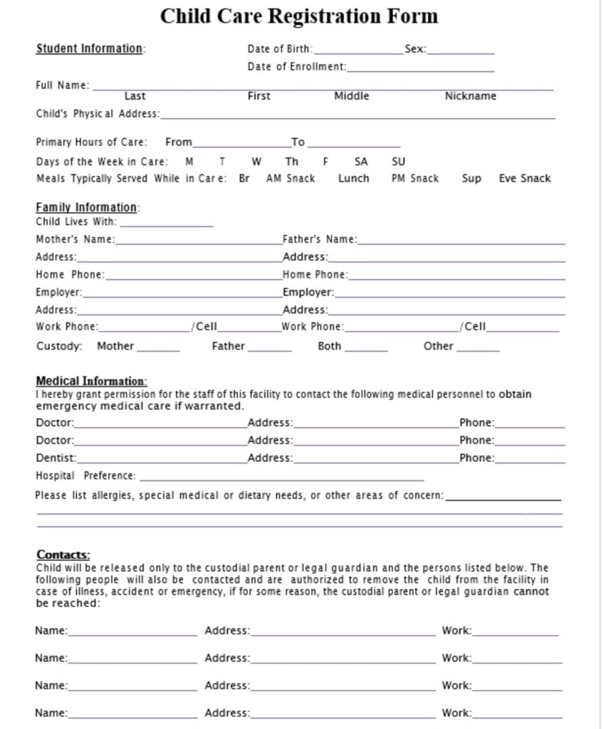 Nursery Registration Form Printable - Free Printable Forms