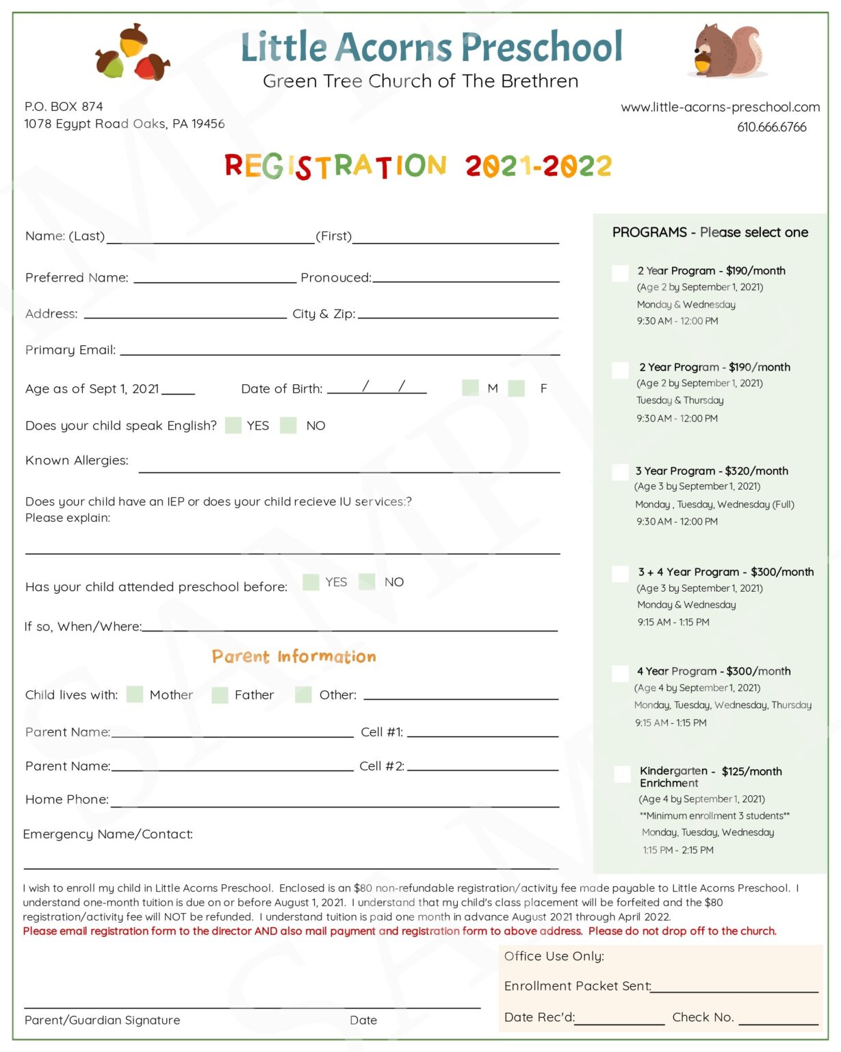 Printable Preschool Registration Form Template - Free Printable Forms