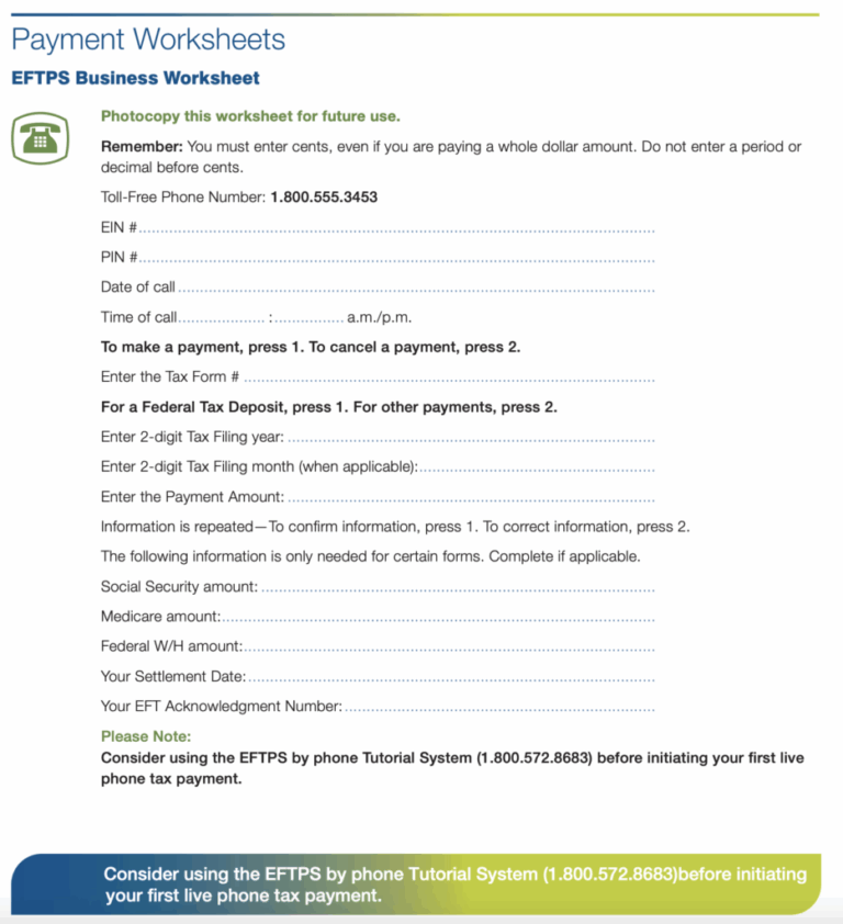 Eftps Direct Payment Worksheet Long Form Printable - Free Printable Forms