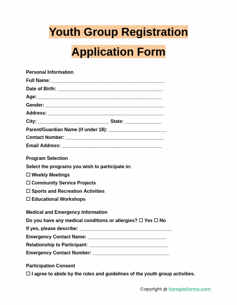 Printable Youth Group Registration Form Template - Free Printable Forms
