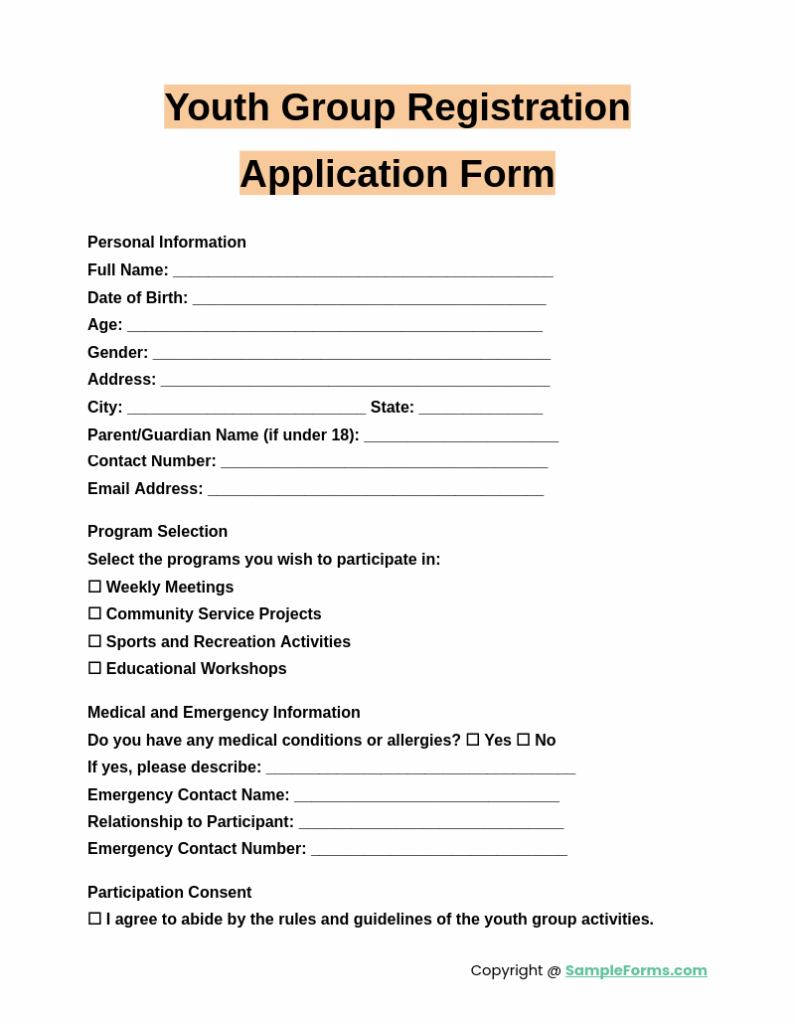 Printable Youth Group Registration Form Template - Free Printable Forms