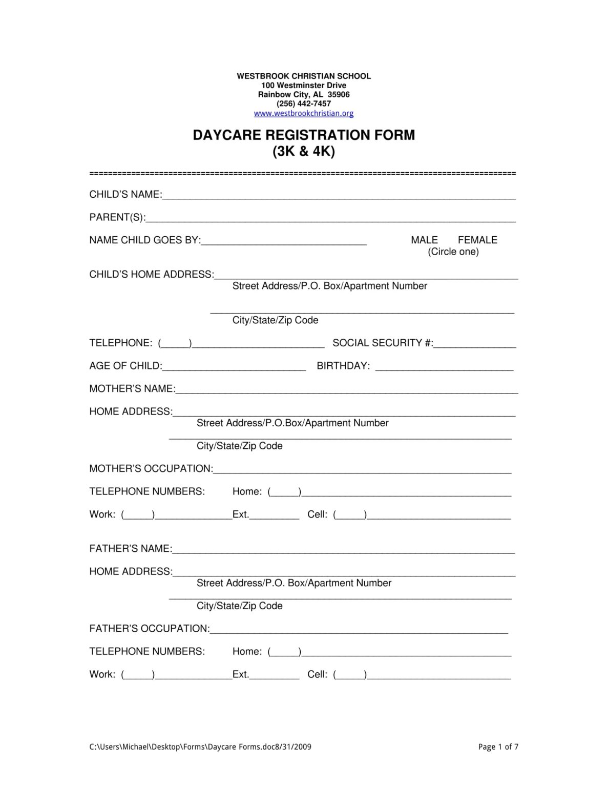 Free Printable Daycare Registration Forms - Free Printable Forms