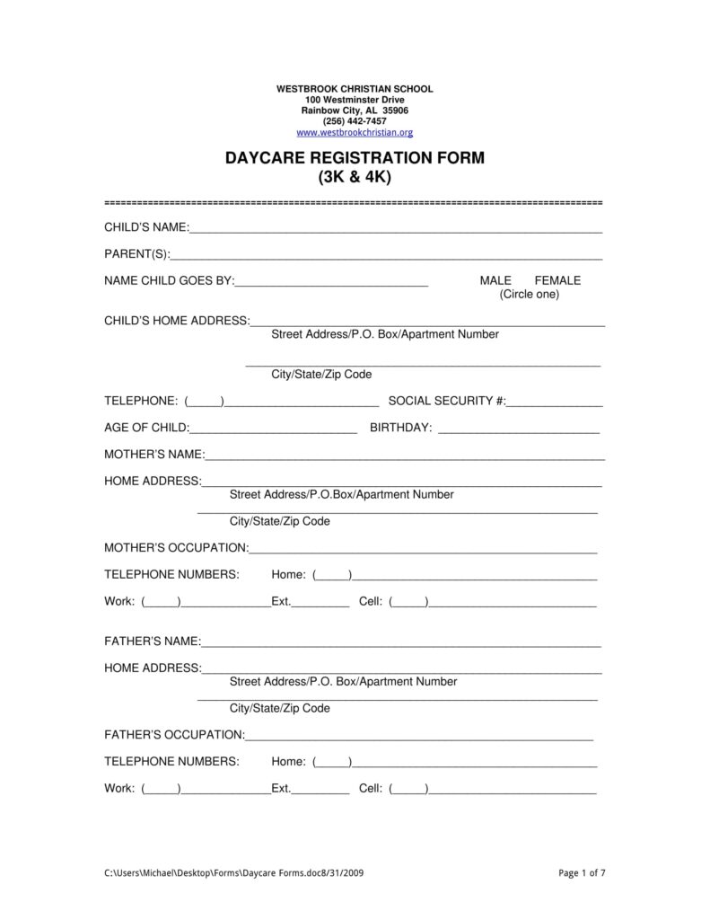 Free Printable Daycare Registration Forms - Free Printable Forms