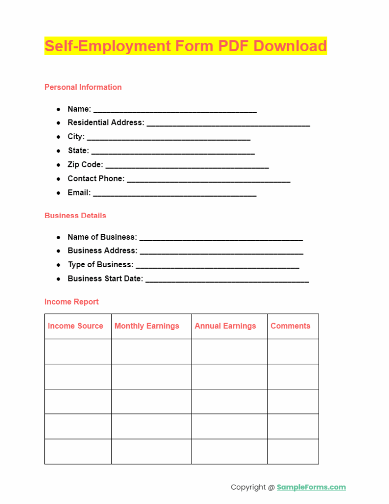 Self Income Printable Form Report - Free Printable Forms