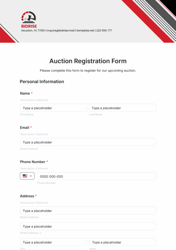 Printable Auction Registration Form - Free Printable Forms