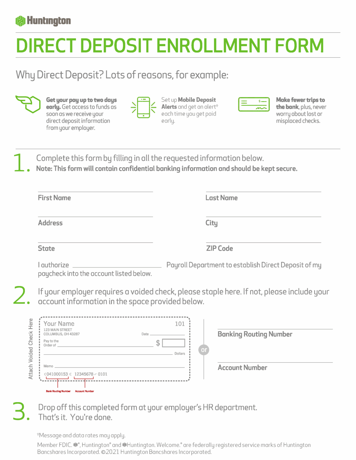 Printable Huntington Direct Deposit Form - Free Printable Forms